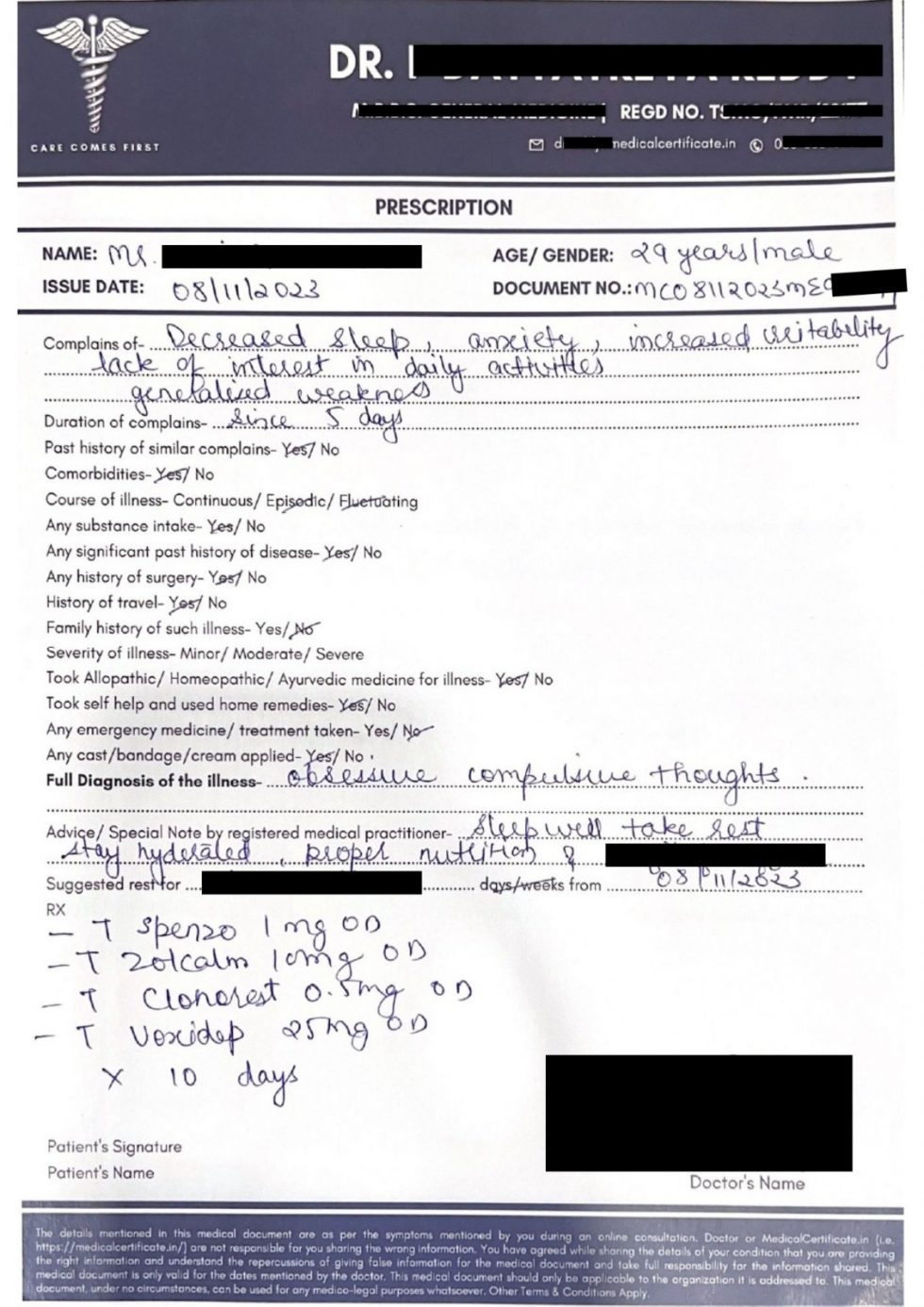 Samples - Medical Certificates From Registered Doctors